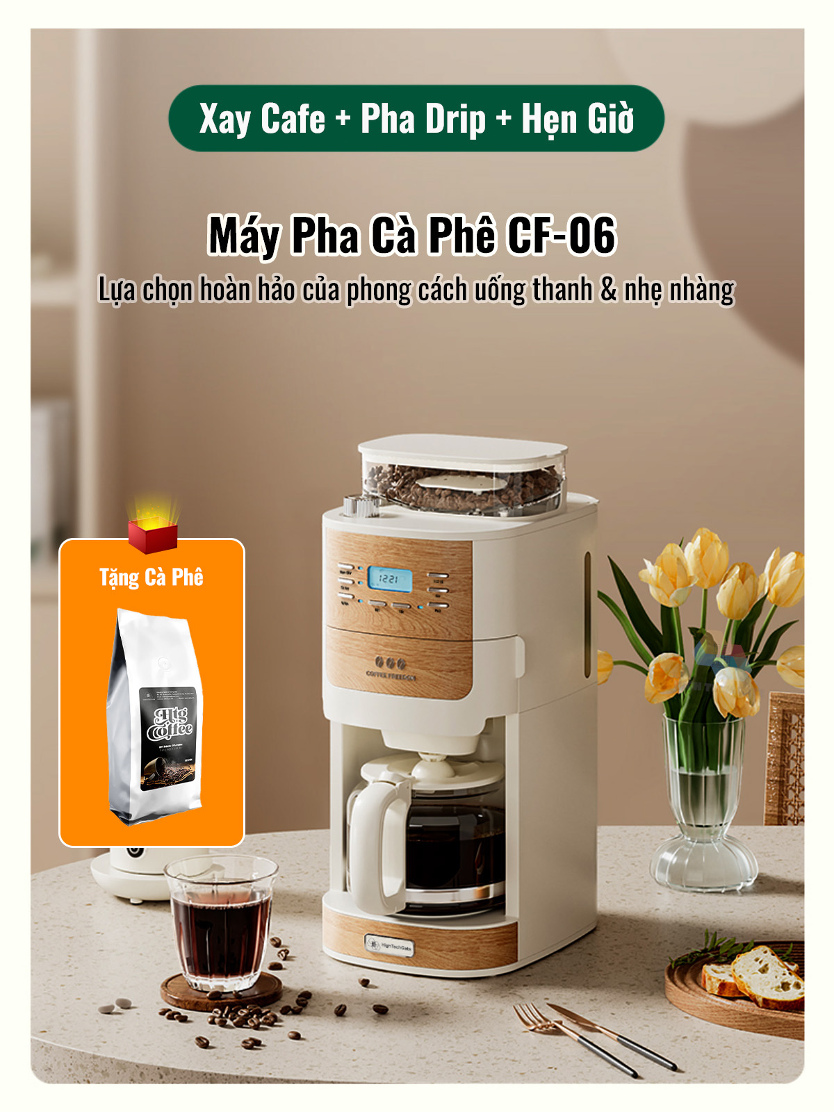 Máy Pha Cà Phê CF06 Tự Động Drip Vừa Xay, Vừa Pha 2 Trong 1, Từ 2-12 Cốc/Lần, Hẹn Giờ Pha Thông ...
