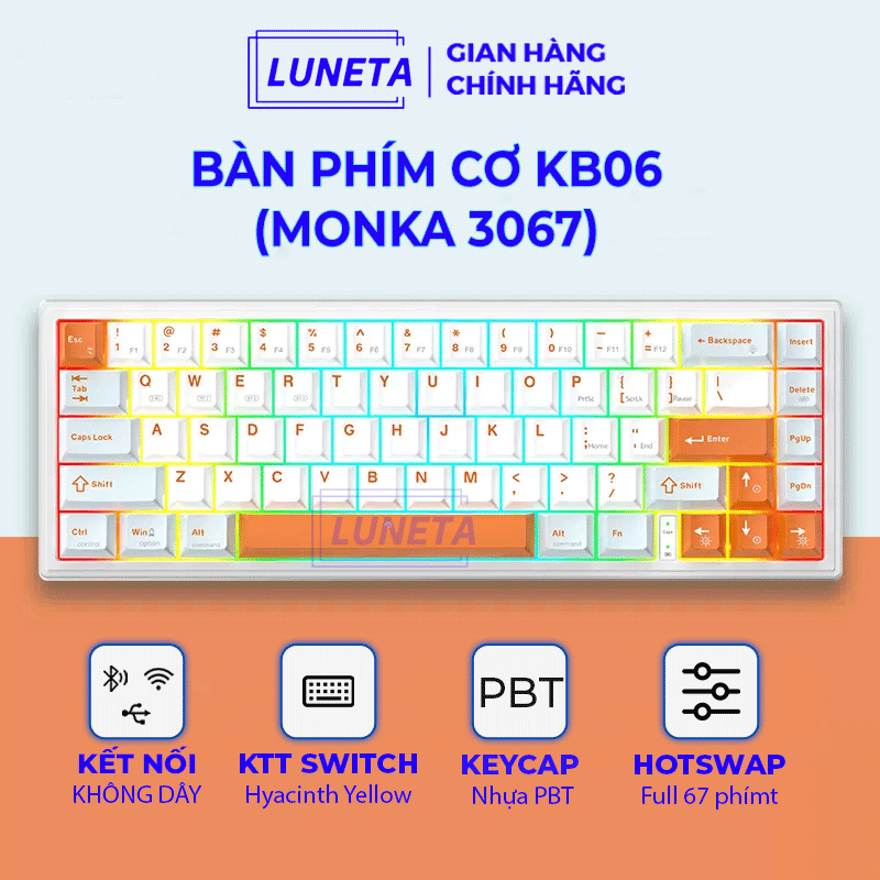 Bàn Phím Cơ Không Dây 3 Mode Led RGB Hotswap Keycap PBT 67 Phím Monka ...