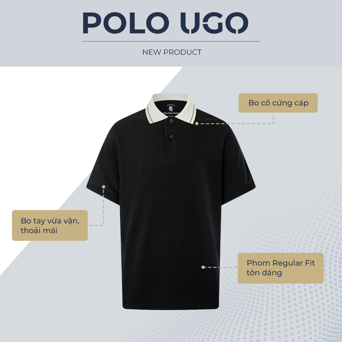 Áo Polo nam có cổ UGO-BLACK vải cá sấu cotton CMC, nam tính, thanh lịch ...
