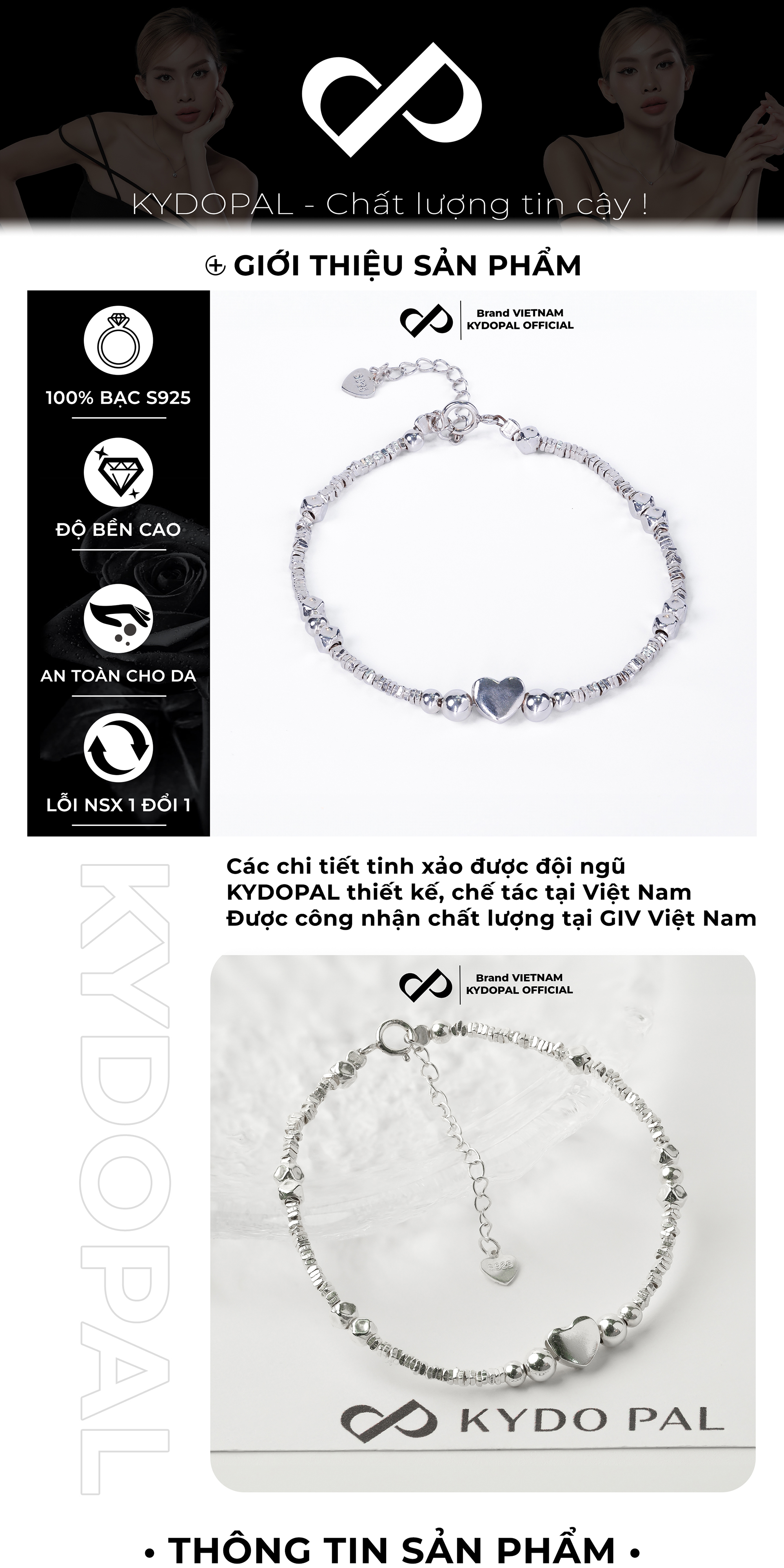 Lắc tay bạc KYDOPAL trái tim đính đá cá tính trang sức nữ cao cấp ý 925 ...