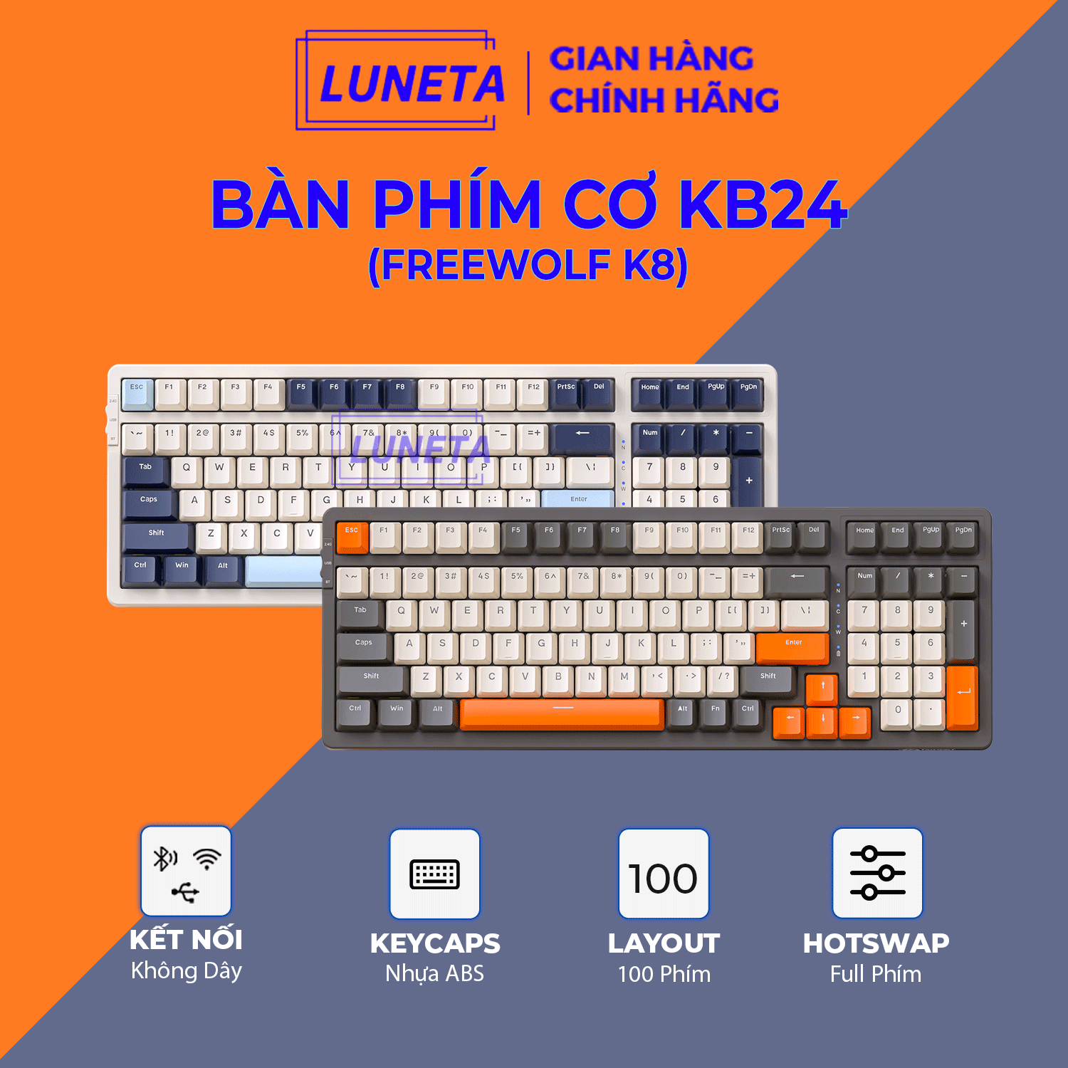 Bàn Phím Cơ Gaming Không Dây Led Rainbow Hotswap 100 Phím Freewolf K8 KB24 | Shopee Việt Nam