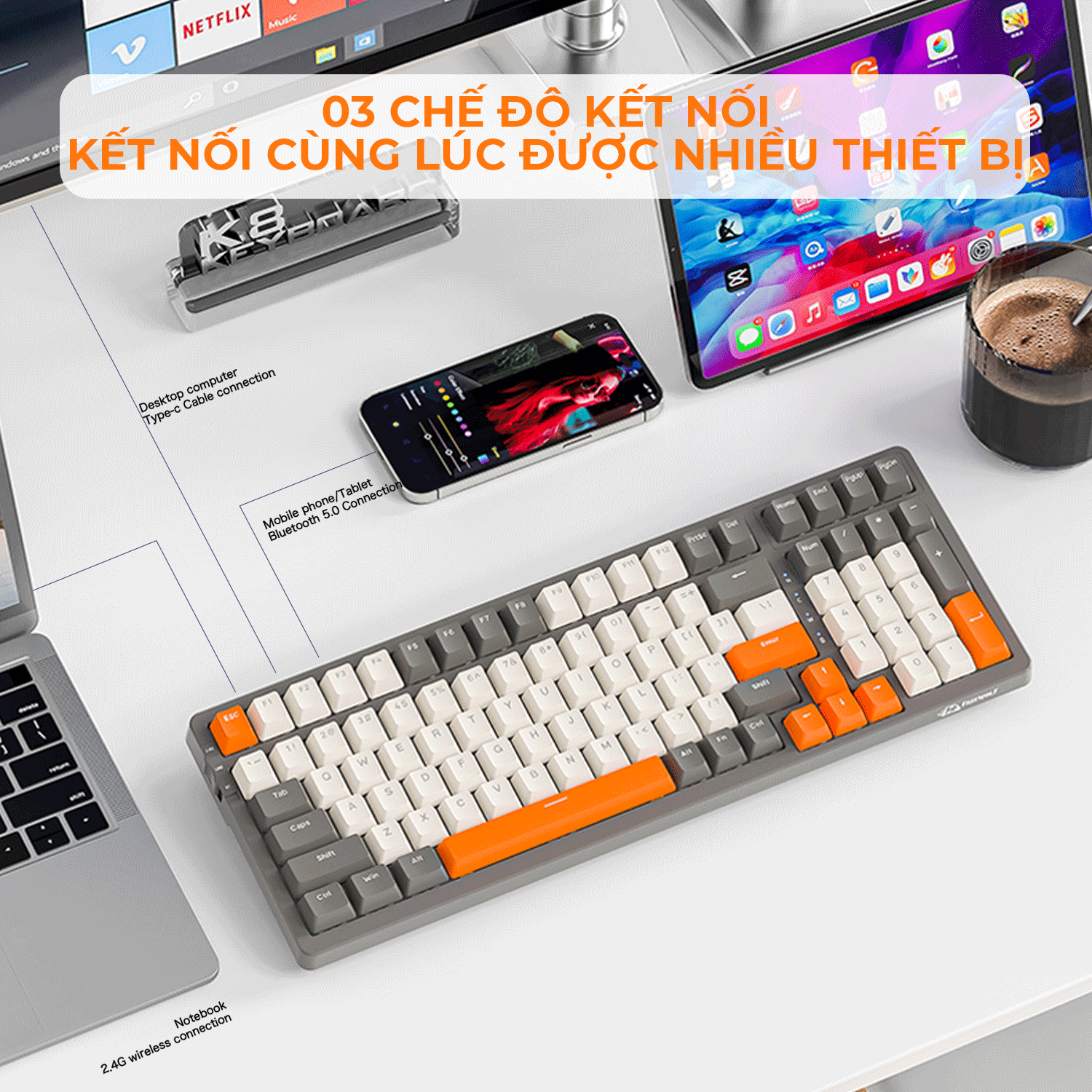 Bàn Phím Cơ Gaming Không Dây Led Rainbow Hotswap 100 Phím Freewolf K8 KB24 | Shopee Việt Nam