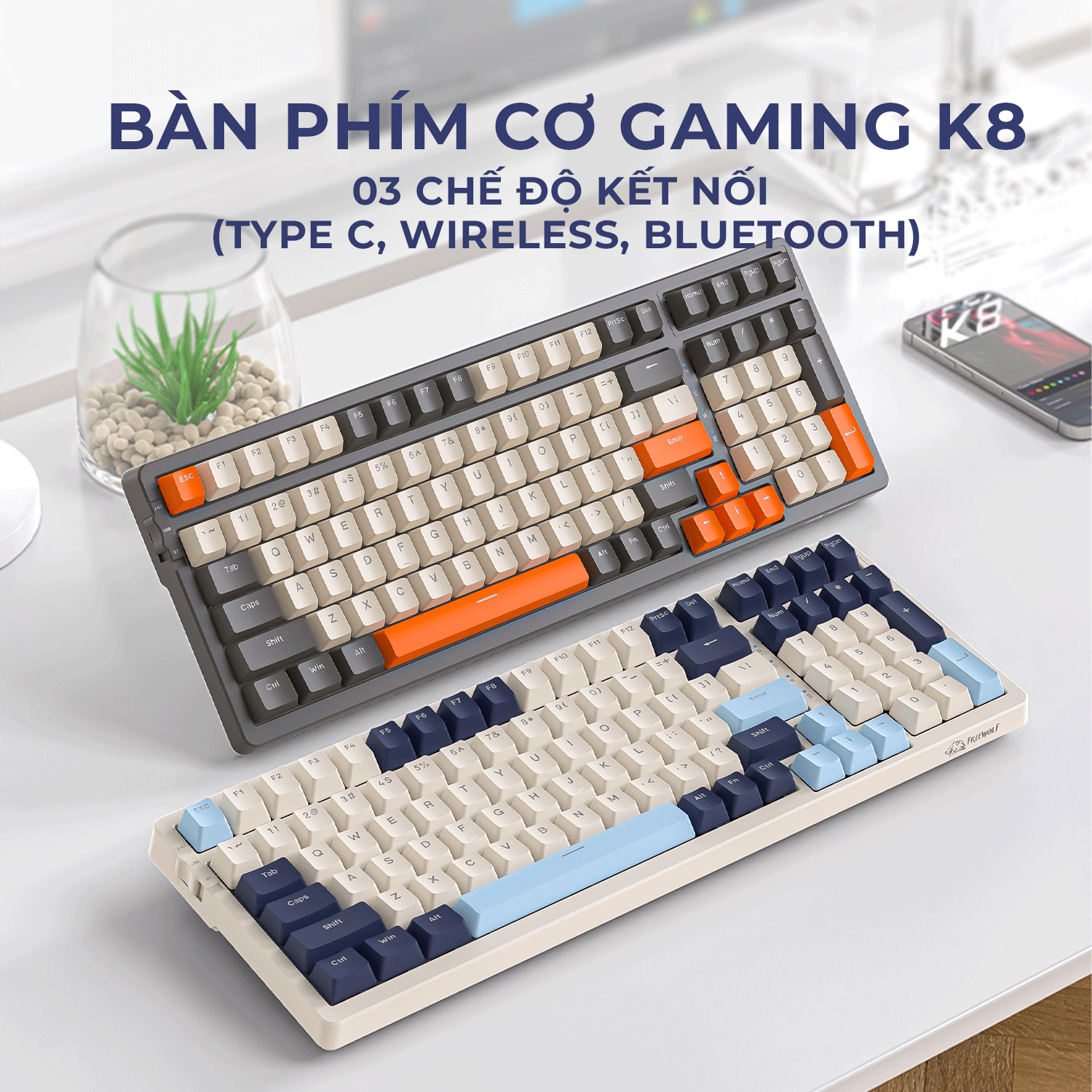 Bàn Phím Cơ Gaming Không Dây Led Rainbow Hotswap 100 Phím Freewolf K8 KB24 | Shopee Việt Nam