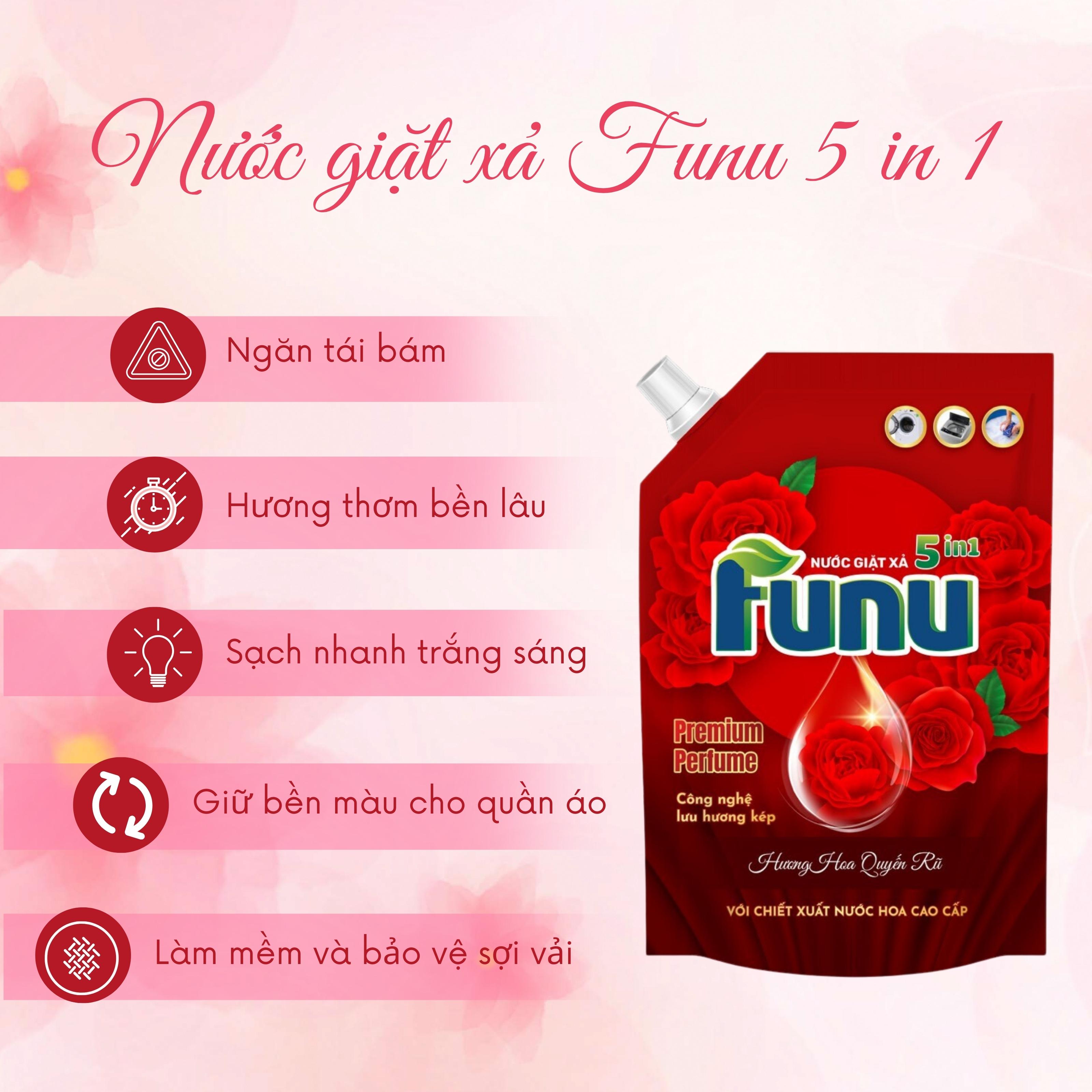 Nước giặt xả Funu cao cấp 3.6 kg đậm đặc hương nước hoa, giặt sạch nhanh lưu hương 24h, màu đỏ ...