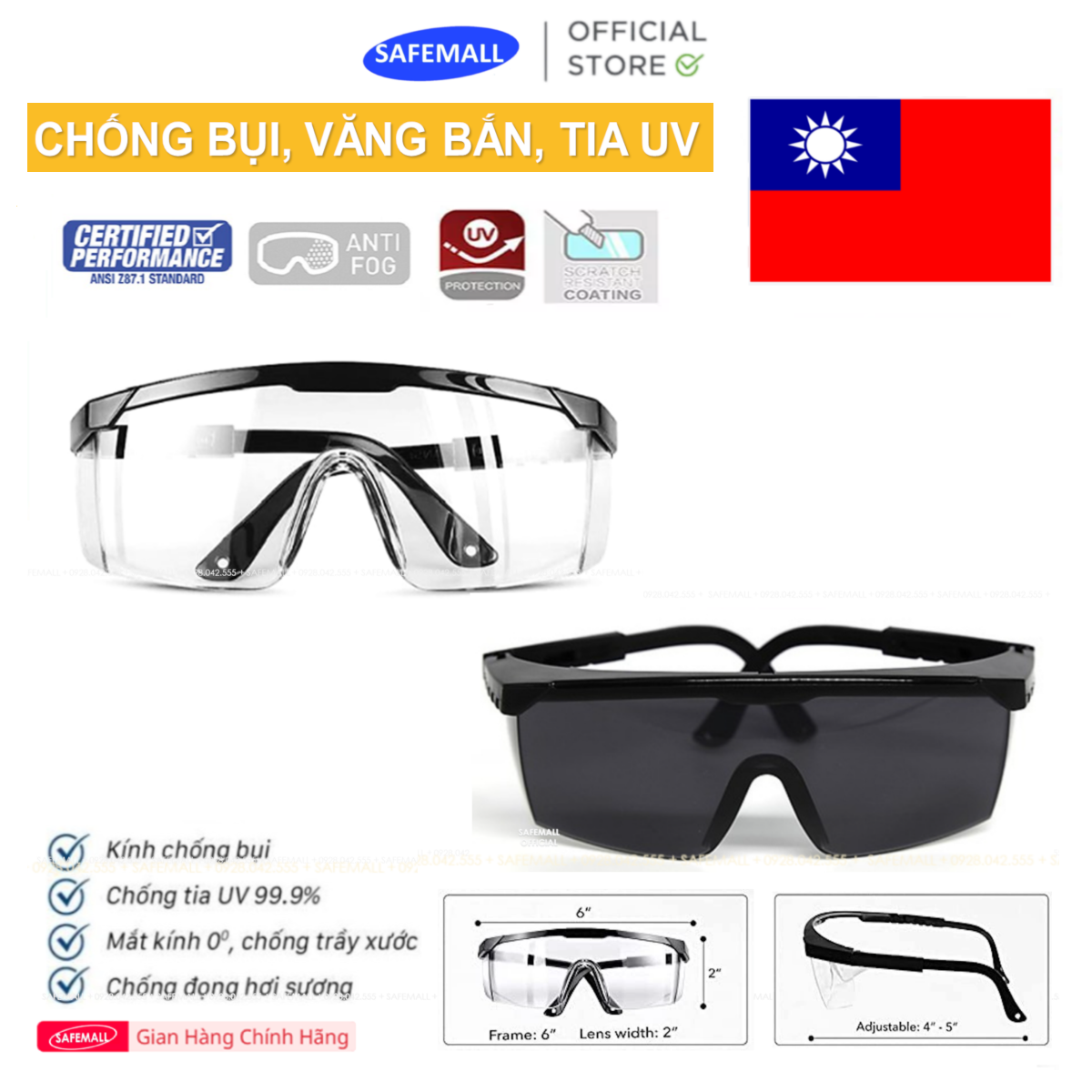 Combo Kính bảo hộ thợ hàn vuông trong, Kính đi xe SafeMall dkt trắng ...