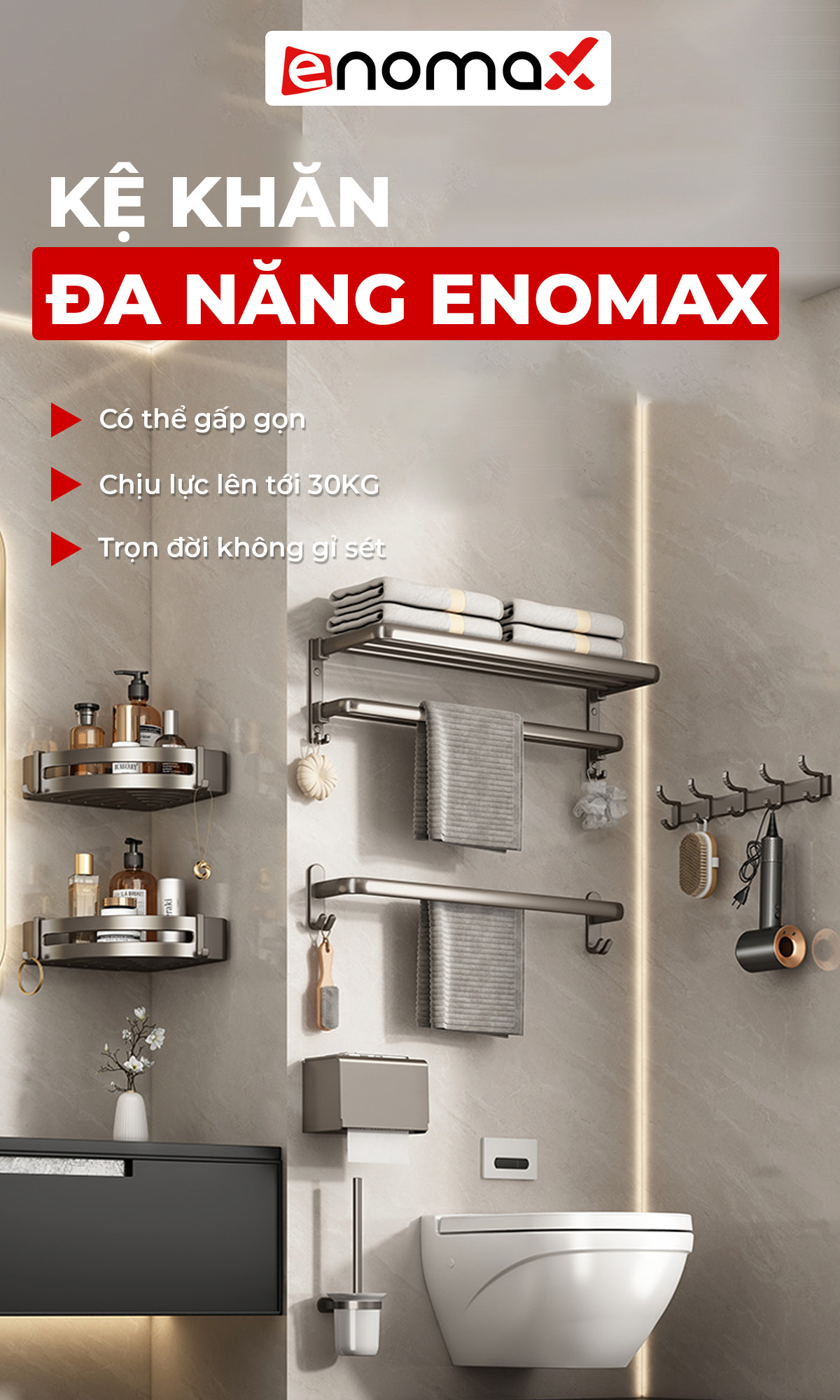 Giá treo khăn nhà tắm Enomax dán tường. Chất liệu Thép Carbon chống gỉ ...