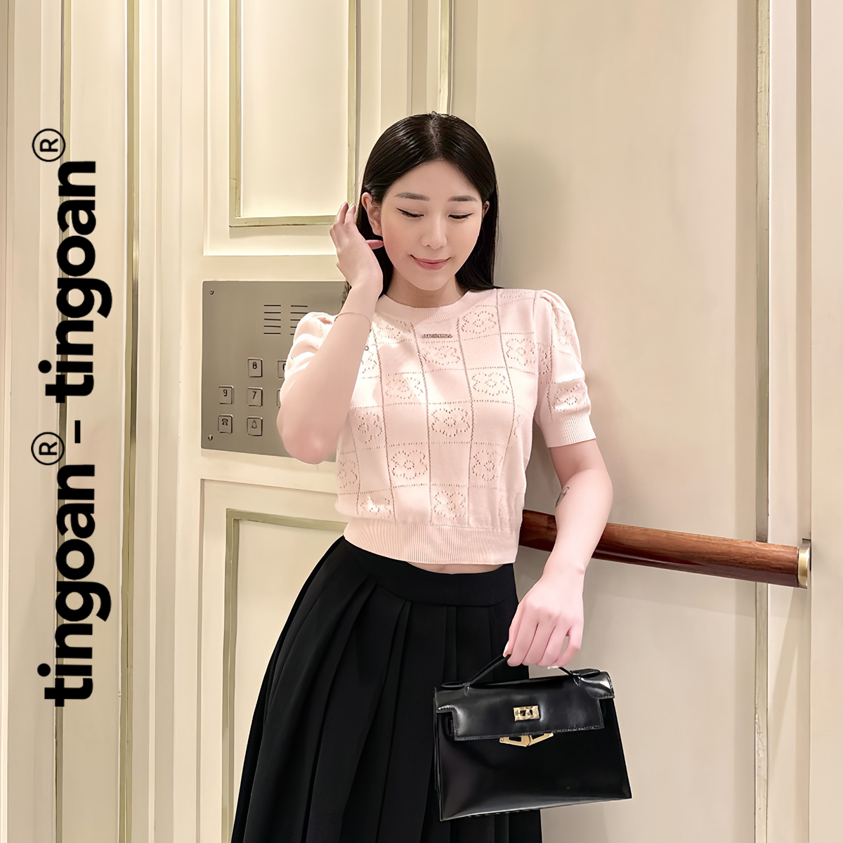 TINGOAN® - Áo len siêu mỏng hồng có logo TINGOAN® ngắn tay cổ tròn vân ...