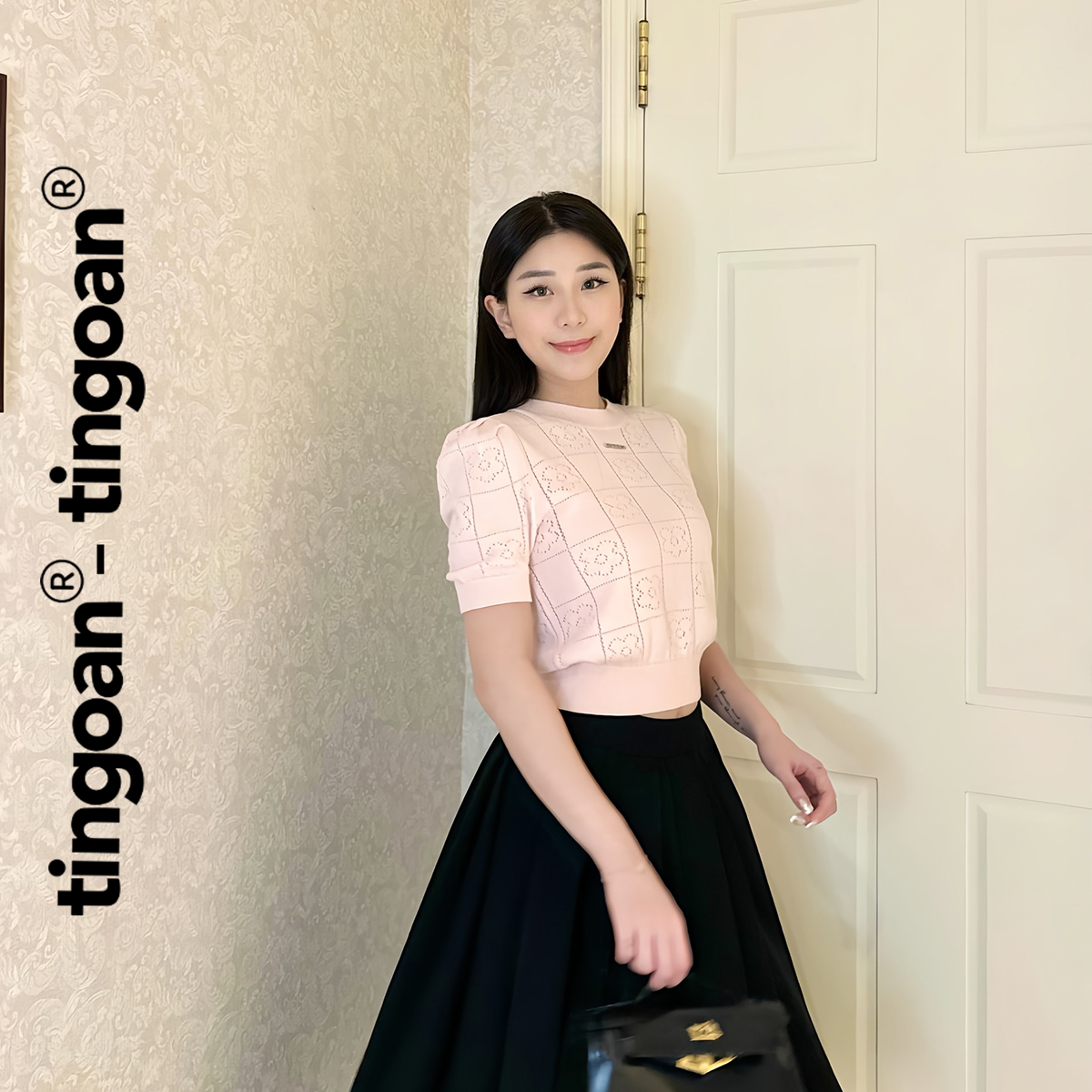 TINGOAN® - Áo len siêu mỏng hồng có logo TINGOAN® ngắn tay cổ tròn vân ...