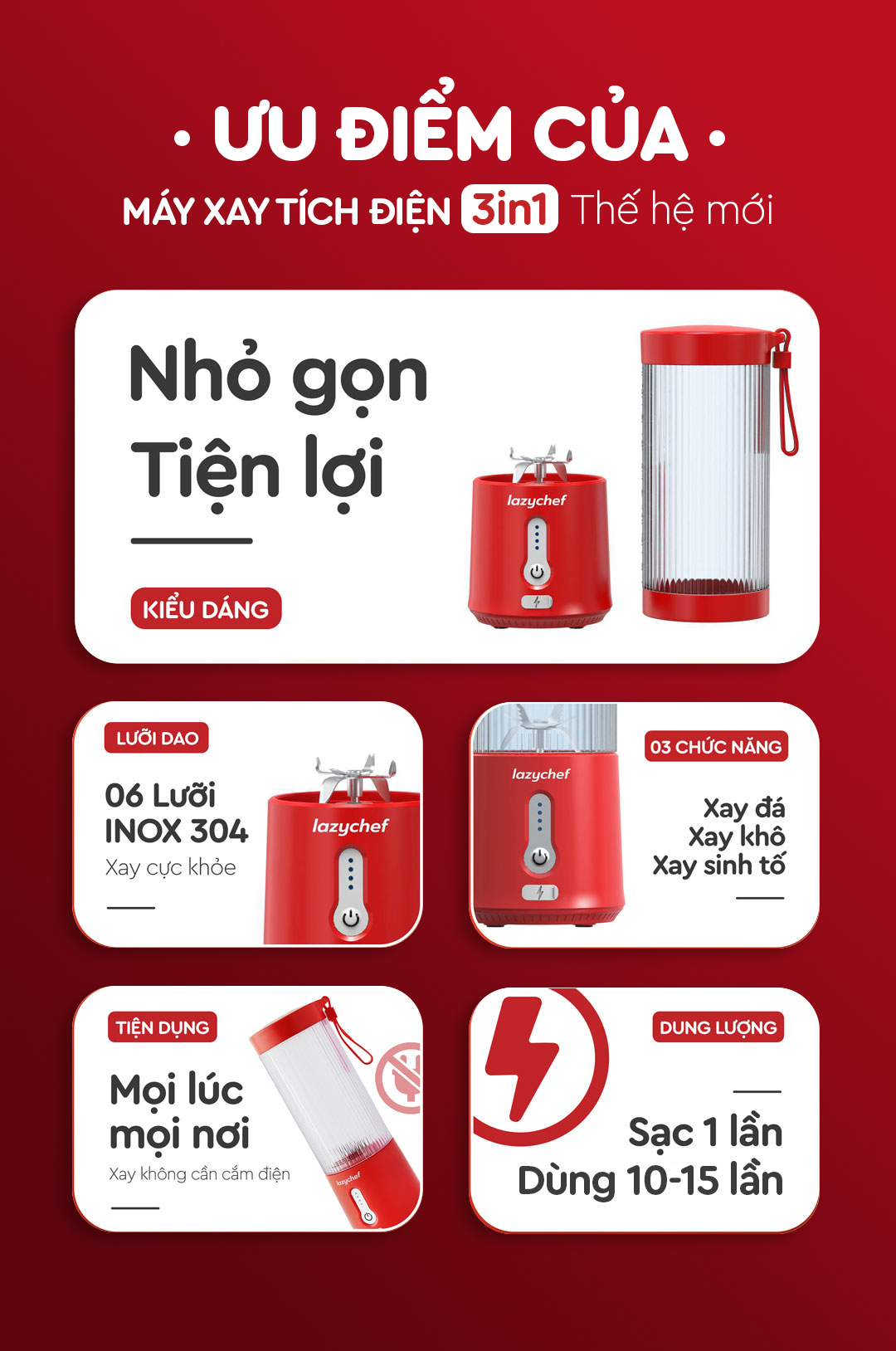 Máy xay sinh tố cầm tay Lazychef 3i﻿n1 450ml, xay đá cực nhuyễn, bảo ...