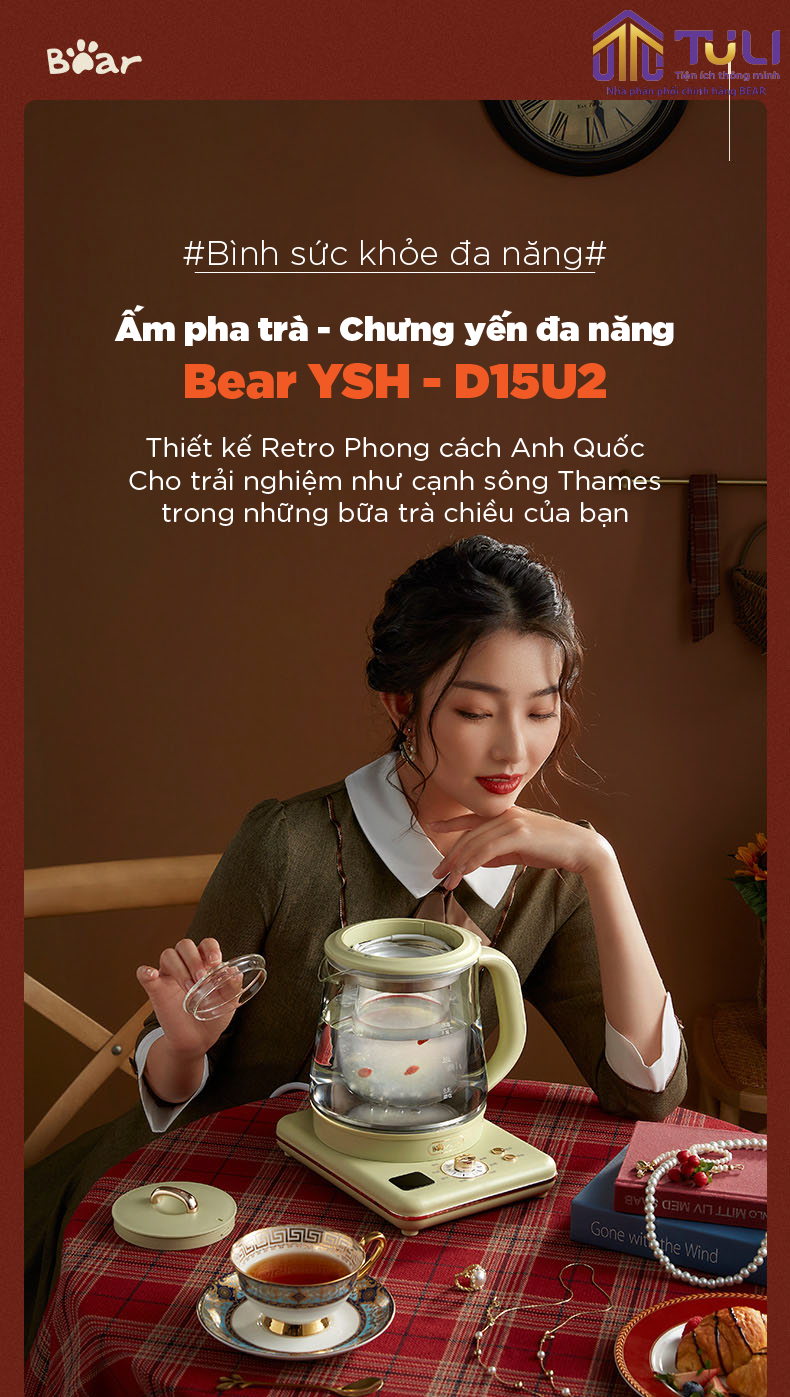 Máy Pha Trà- Chưng Yến 1.5L Đa Năng BEAR YSH- D15U2, 1000W, Lõi Lọc Thủy Tinh, Hẹn Giờ, BH 18 ...
