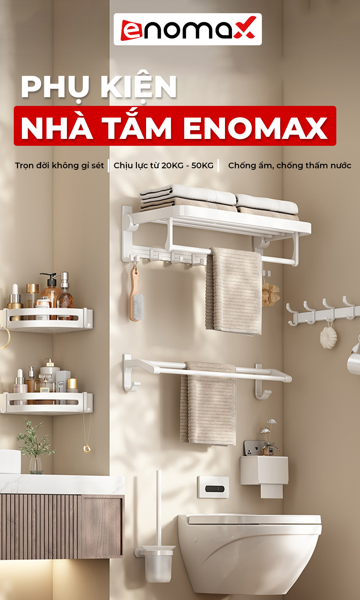Kệ nhà tắm Enomax dán tường treo đồ phòng tắm đa năng, chất liệu nhôm ...
