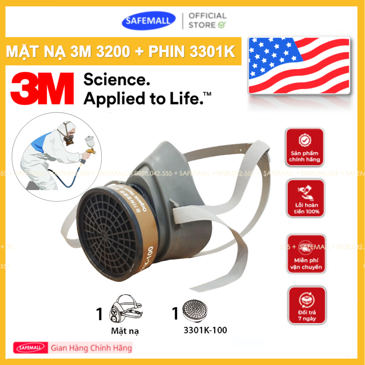 Bộ đủ 4 món mặt nạ phòng độc 3M 3200-3301K-7711-774 - Dùng phun sơn, phun xịt hóa chất ...