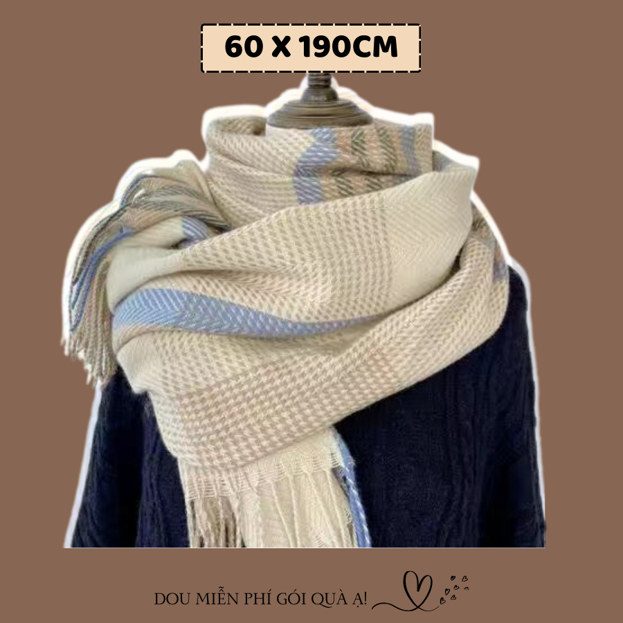 Khăn cashmere quàng cổ unisex dày ấm, Khăn len dệt kim tone trắng be ...