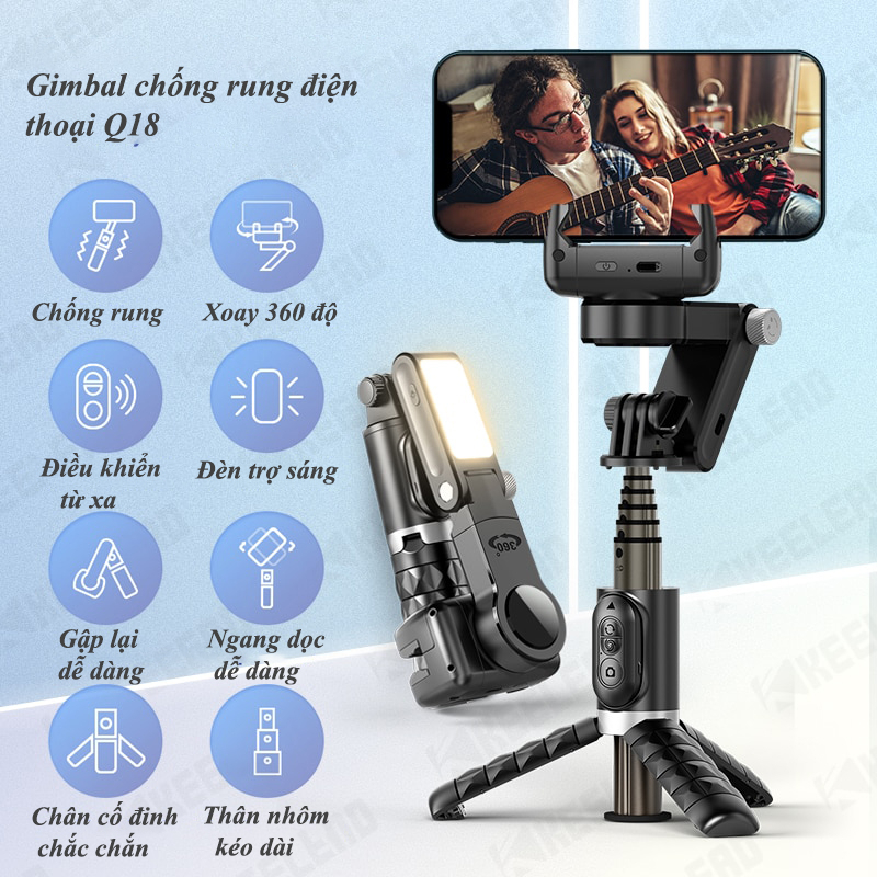 Gimbal Q18 tích hợp gậy chụp ảnh tripod selfie kéo dài, tay cầm chống rung điện thoại Q18 xoay ...