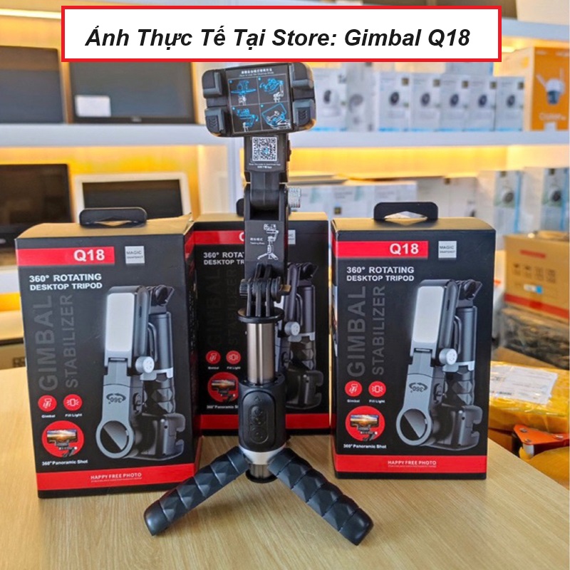 Gimbal Q18 tích hợp gậy chụp ảnh tripod selfie kéo dài, tay cầm chống rung điện thoại Q18 xoay ...