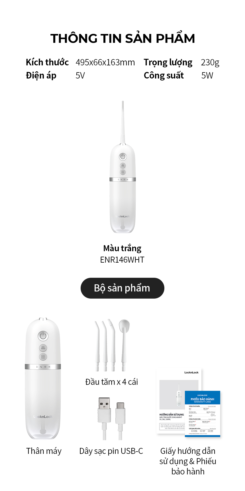 Máy tăm nước không dây LocknLock ENR146WHT 190ml, Hàng chính hãng, 4 chế độ, 3 loại đầu tăm ...