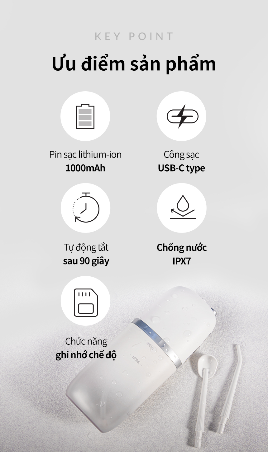 Máy tăm nước không dây LocknLock ENR146WHT 190ml, Hàng chính hãng, 4 chế độ, 3 loại đầu tăm ...