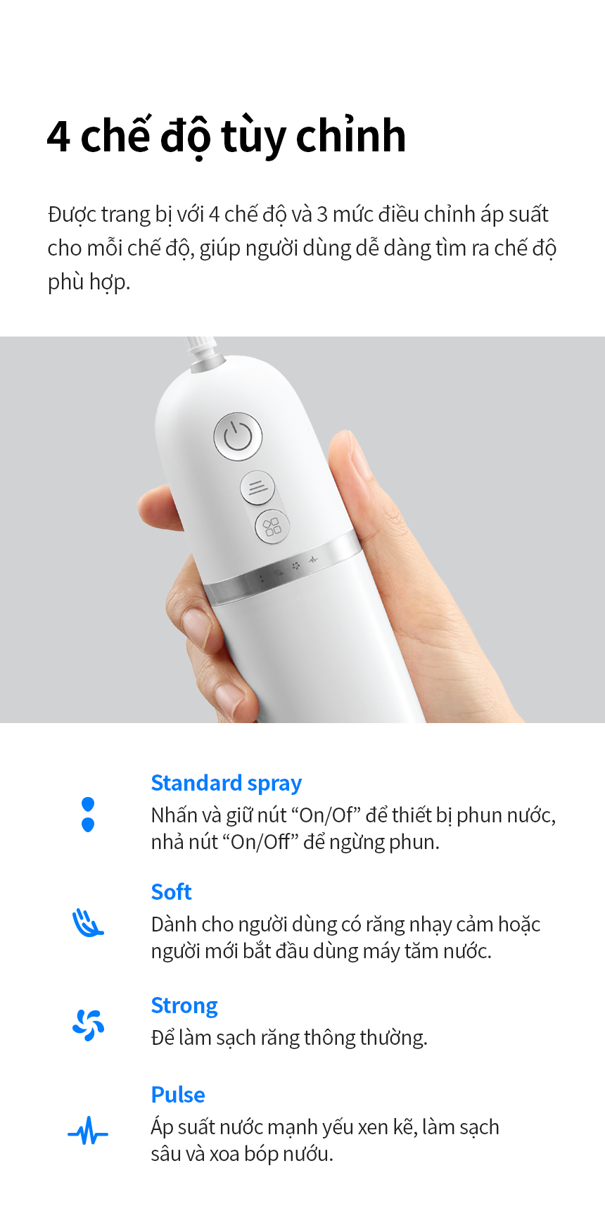 Máy tăm nước không dây LocknLock ENR146WHT 190ml, Hàng chính hãng, 4 chế độ, 3 loại đầu tăm ...