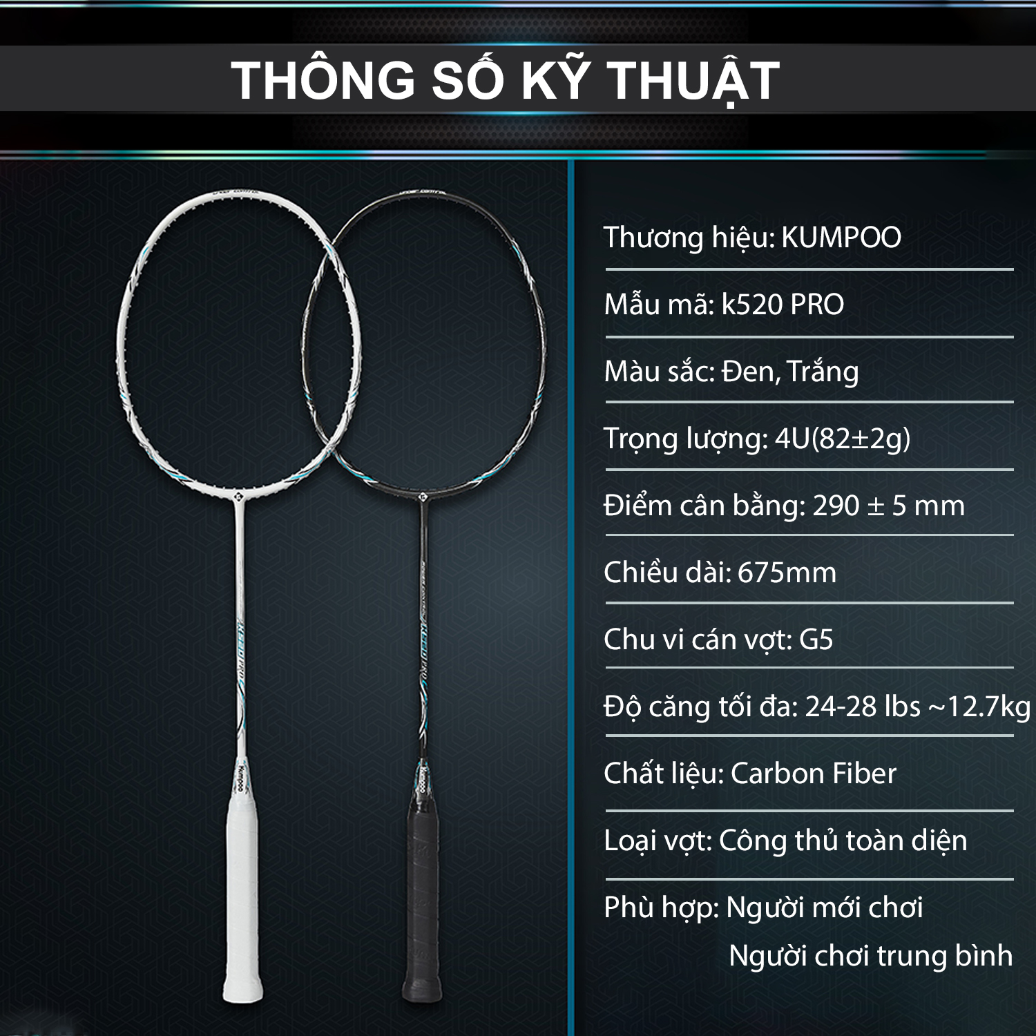 Vợt cầu lông Kumpoo K520 pro chính hãng carbon 4U G5 căng sẵn công thủ toàn diện, tặng quấn cán ...