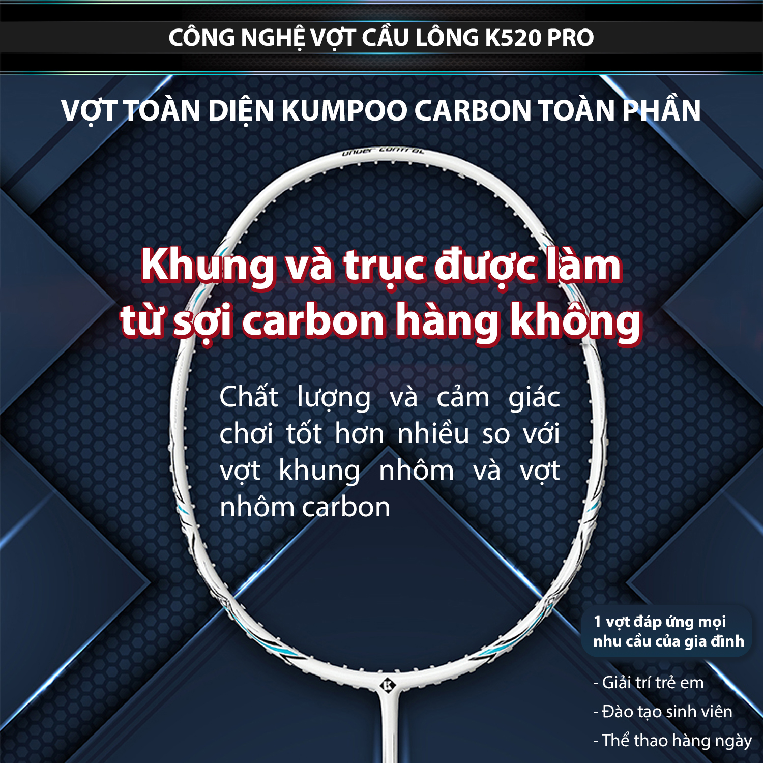 Vợt cầu lông Kumpoo K520 pro chính hãng carbon 4U G5 căng sẵn công thủ toàn diện, tặng quấn cán ...