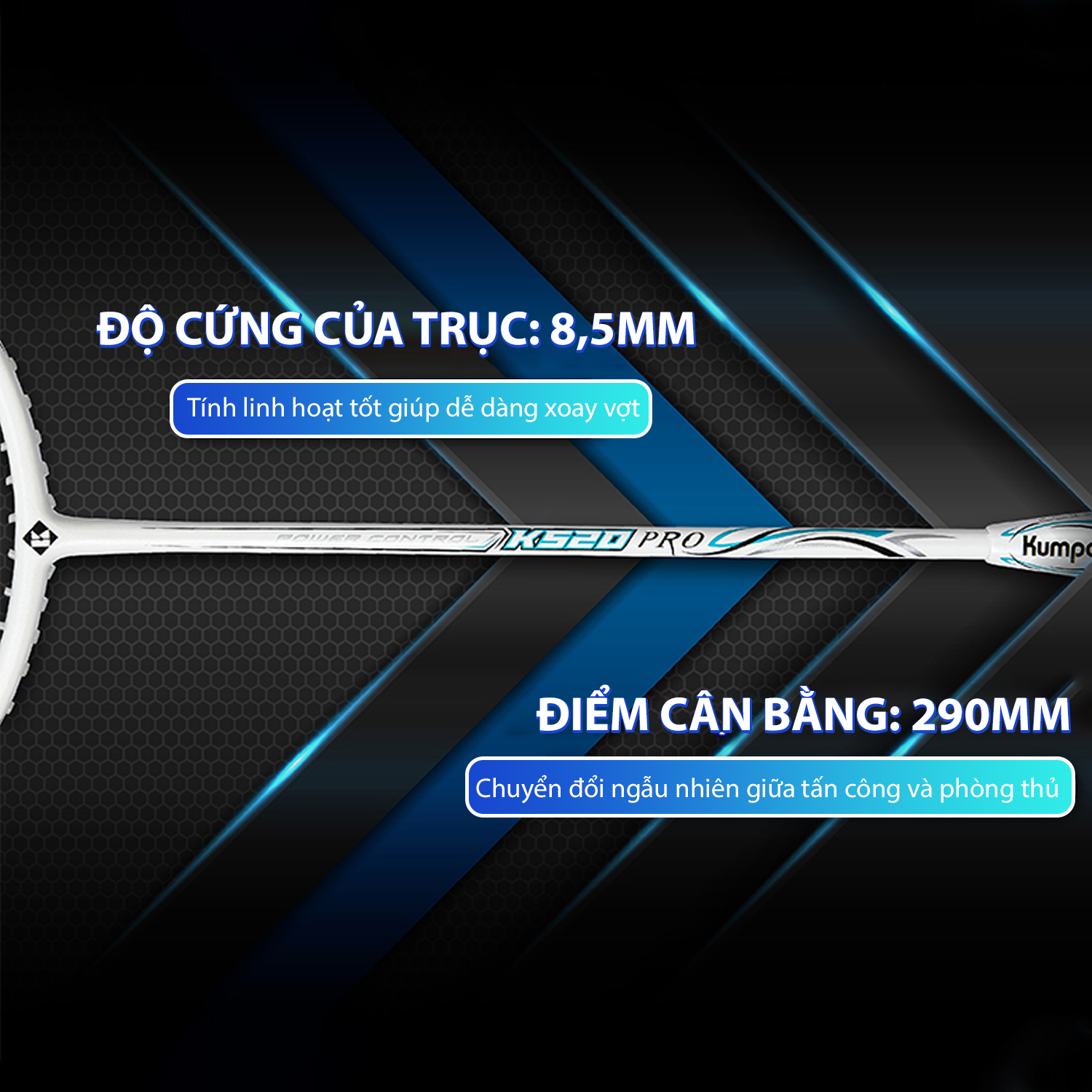 Vợt cầu lông Kumpoo K520 pro chính hãng carbon 4U G5 căng sẵn công thủ ...