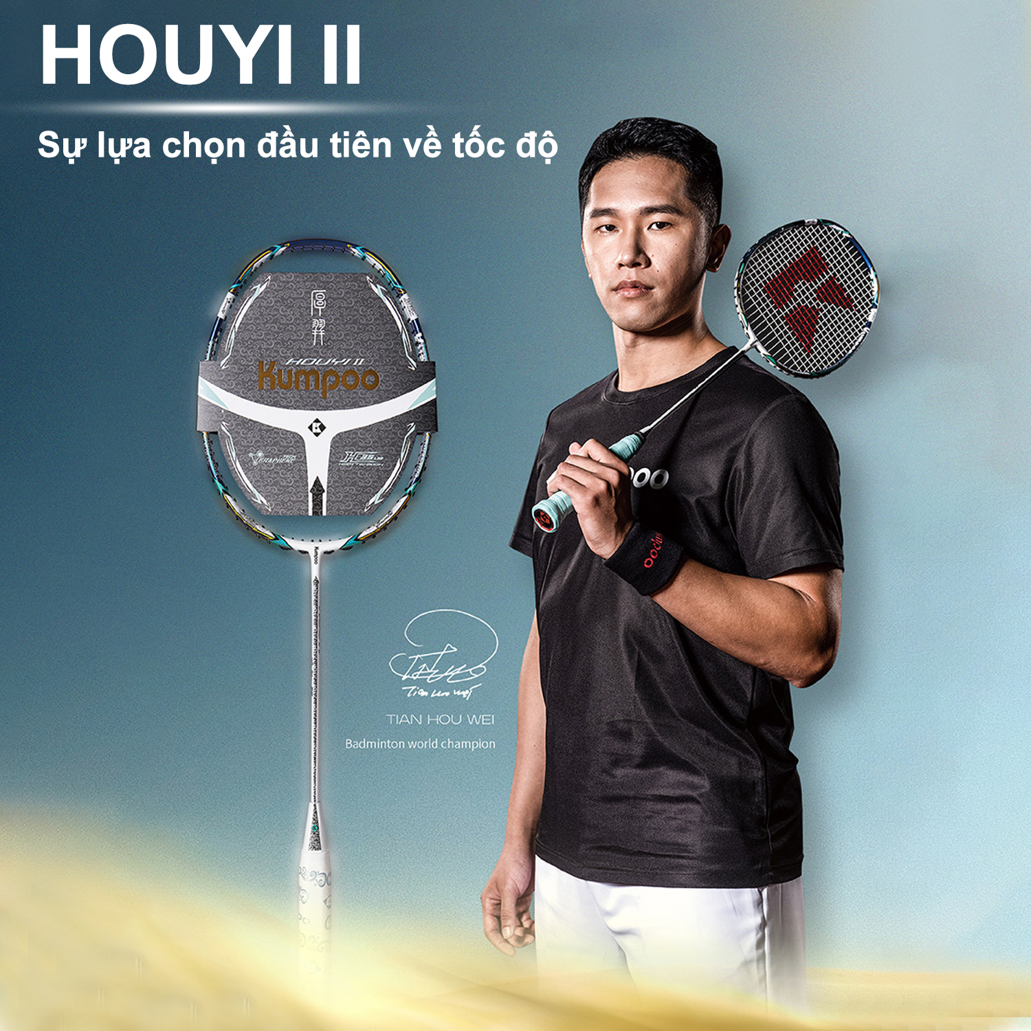 Vợt cầu lông Kumpoo Houyi II carbon siêu nhẹ bền căng sẵn 10.5kg tặng ...