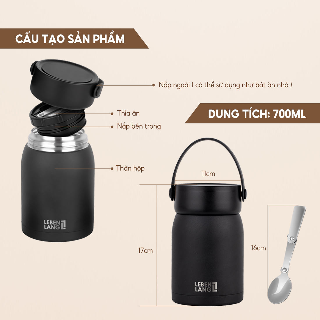 Hộp cơm giữ nhiệt Lebenlang LBL3038, dung tích 700ml, chất liệu inox 304, kèm muỗng - chính hãng ...