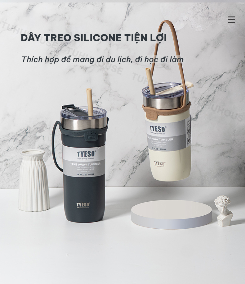 Ly giữ nhiệt TYESO 550/710ml, bình giữ nhiệt inox 304 chống gỉ có dây treo kèm ống hút silicon ...