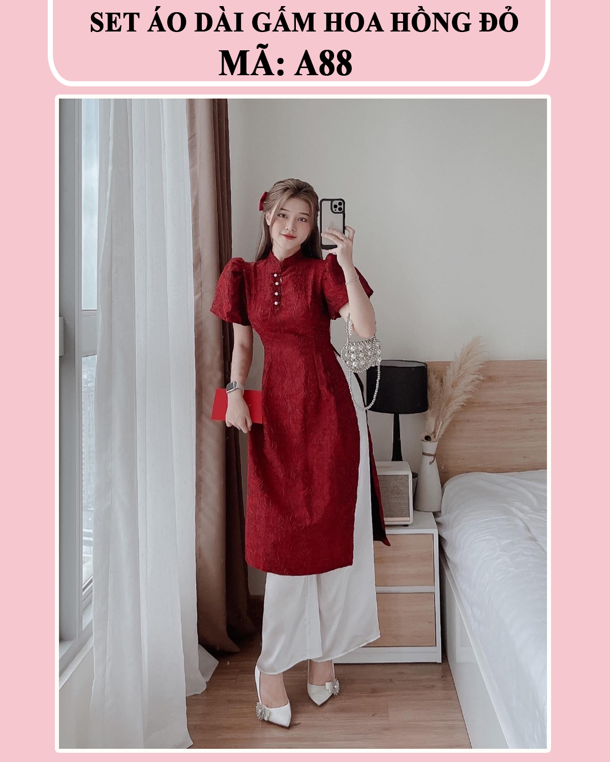 Áo dài cách tân kèm quần lụa, set áo dài gấm đỏ cúc ngọc tay bồng ...
