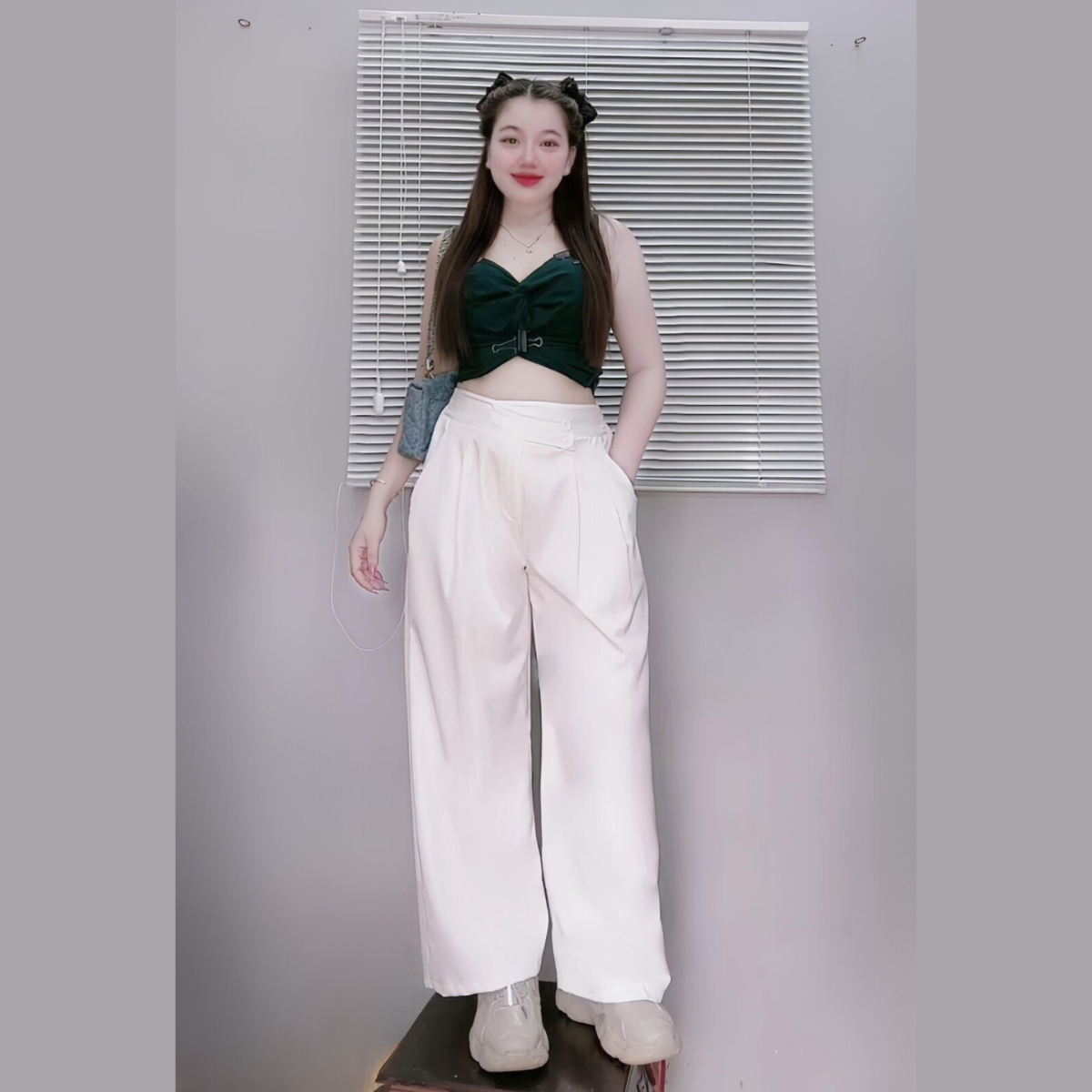Quần dài ống xuông bigsize nữ lưng chun co giãn cách điệu hai nút gài ...