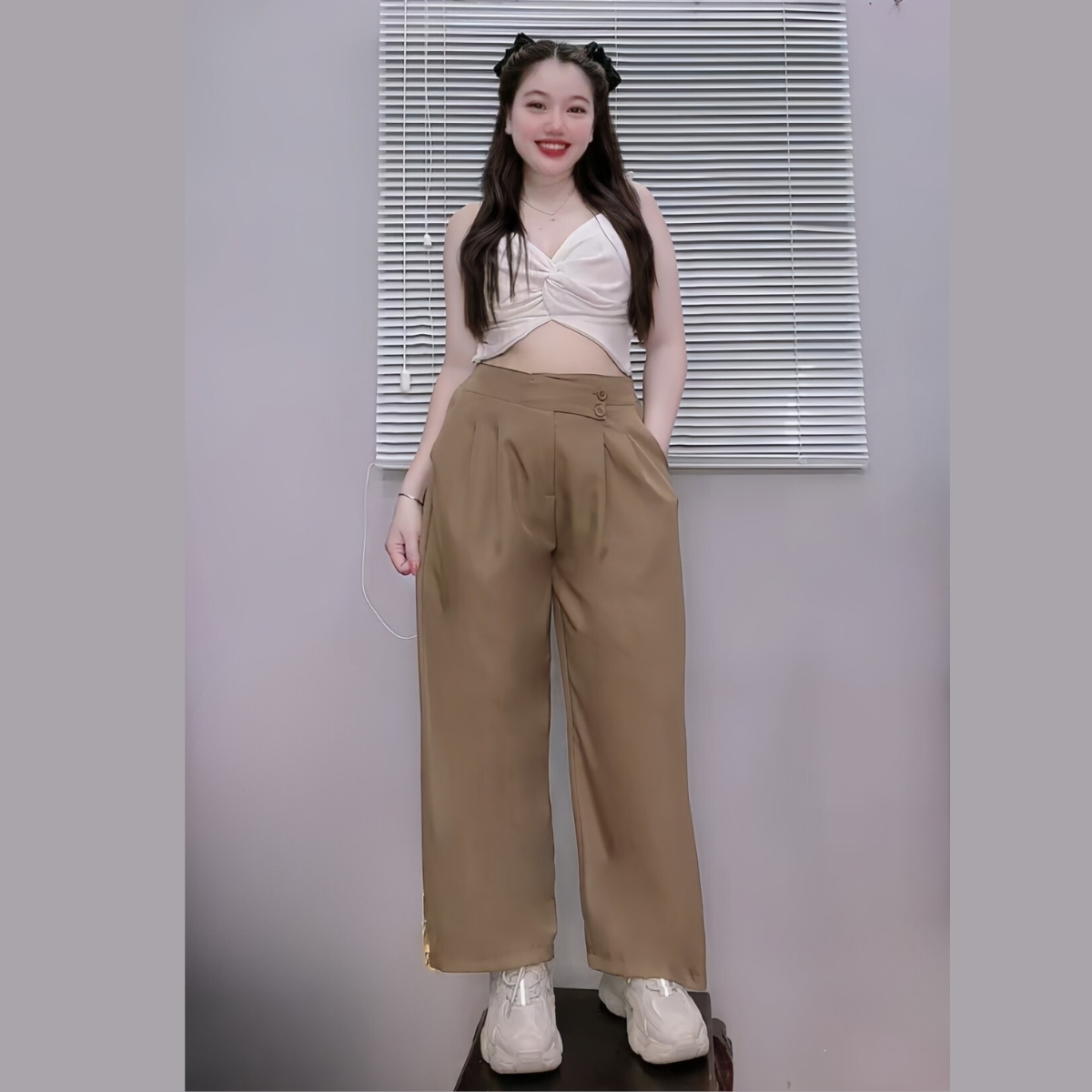 Quần dài ống xuông bigsize nữ lưng chun co giãn cách điệu hai nút gài ...