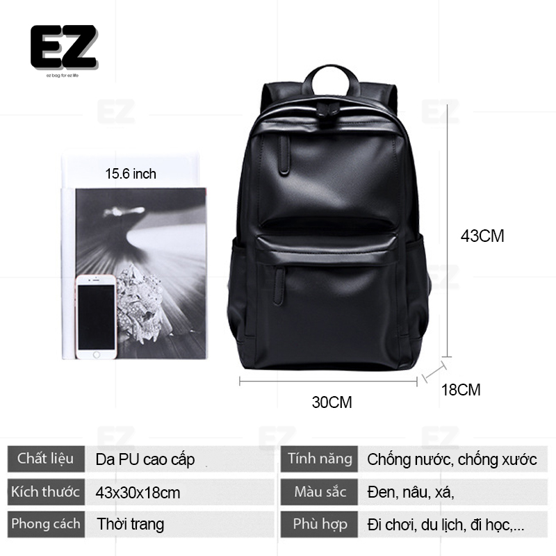 Balo da basic đựng laptop 15.6 inch thời trang EZ BALO Cặp đi học da PU ...