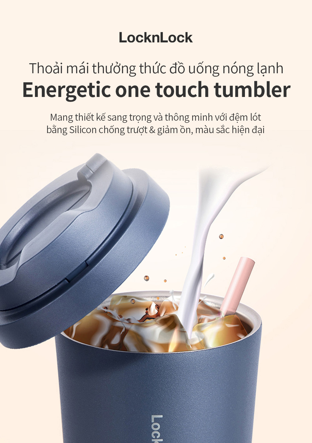 Ly giữ nhiệt LocknLock 550ml LHC3249 Màu Trắng , mở nắp một chạm, thép ...