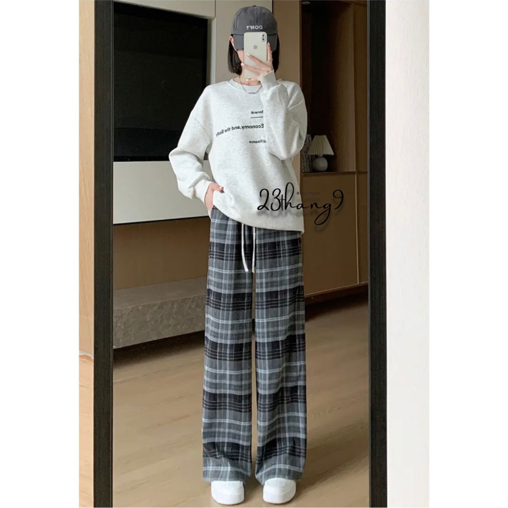 Quần Kẻ Caro Quần Kẻ Caro ống Rộng Cạp Chun Lưng Cao Nhiều Màu Vải Dạ Dày Dặn ống Suông Dài