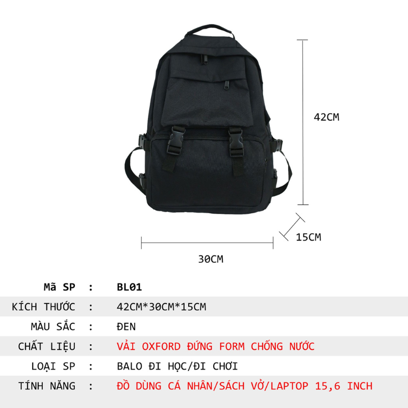 Balo đi học nữ GENBAG cặp đi học nữ thời trang màu đen đựng laptop 15.6 inch BL01 | Shopee Việt Nam