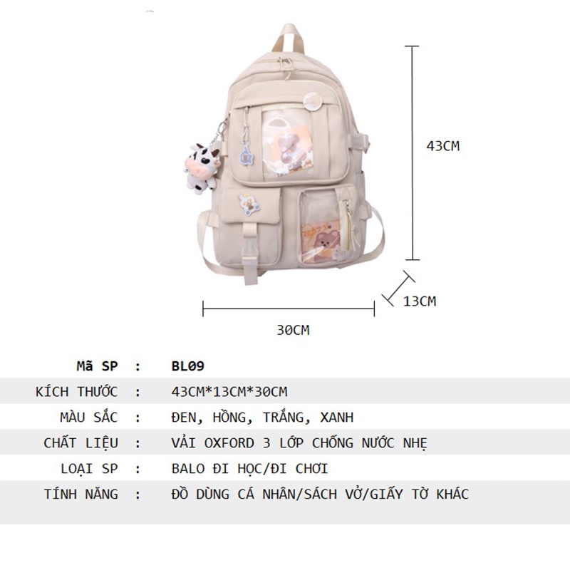 Cặp đi học nữ vải dù nhiều ngăn GENBAG balo ulzzang có ngăn trong suốt ...