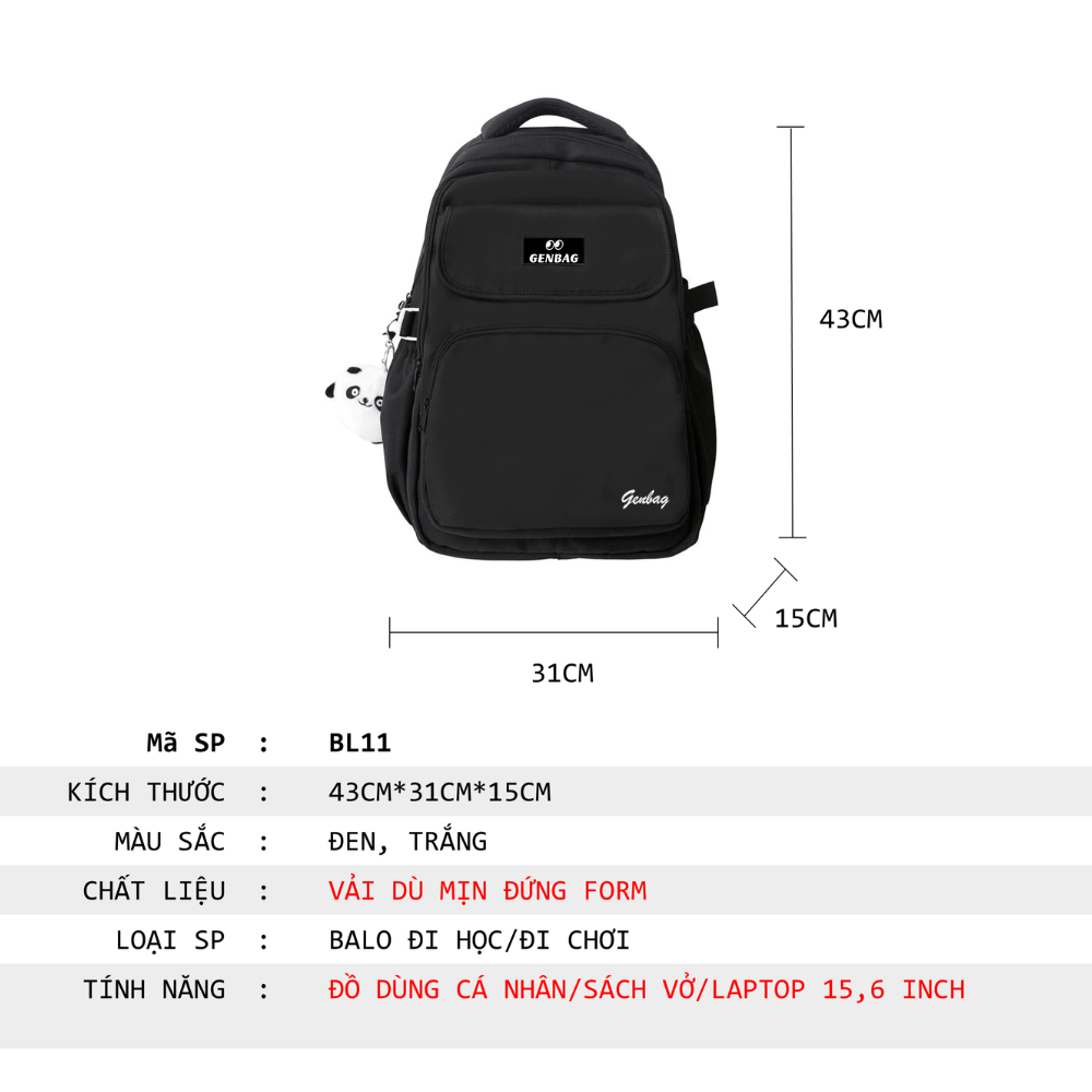 Balo đựng laptop 15.6 inch GENBAG balo nữ đi học quai đeo có lót đệm ...