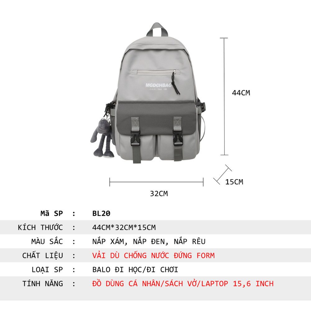 Balo GENBAG vải dù trượt nước, balo nam nữ đi học nắp gập nhiều ngăn ...