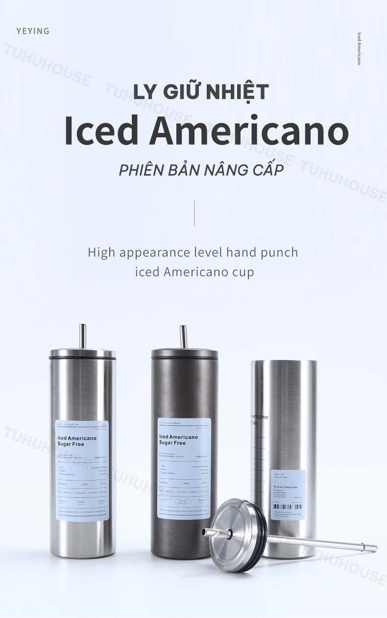 Ly giữ nhiệt iced americano inox 304 DÁNG CAO, bình giữ nhiệt dáng cao có ống hút tiện lợi ...