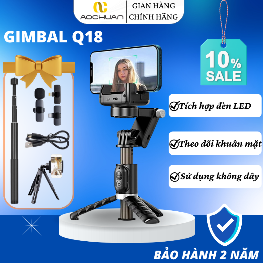 Gimbal Q18 có đèn, Gậy quay video gimbal chống rung tích hợp công nghệ AI chuyển động theo khuôn ...
