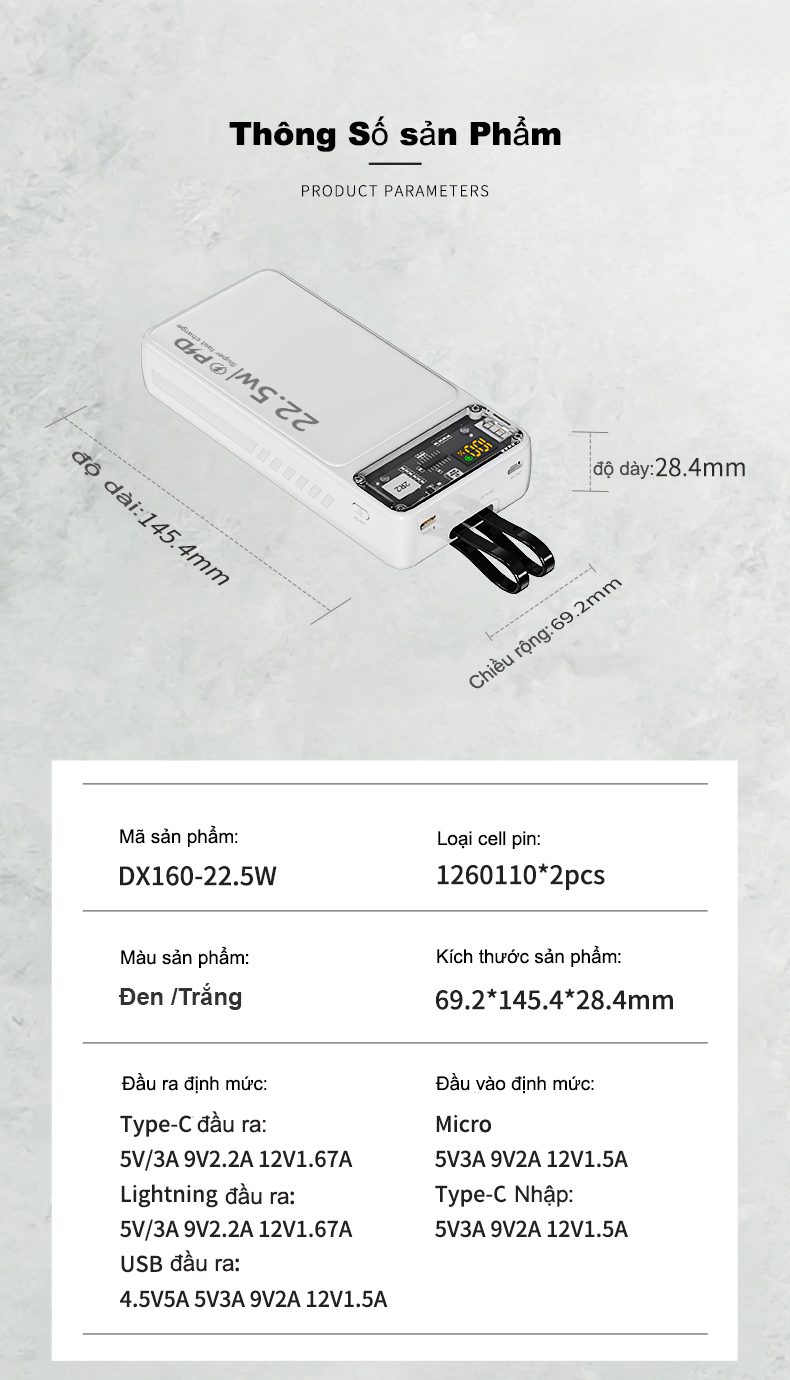 DOSEN PRO Sạc dự phòng Power bank PD22.5W 30000mah pin dự phòng màn hình Led tích hợp tích hợp 2 ...