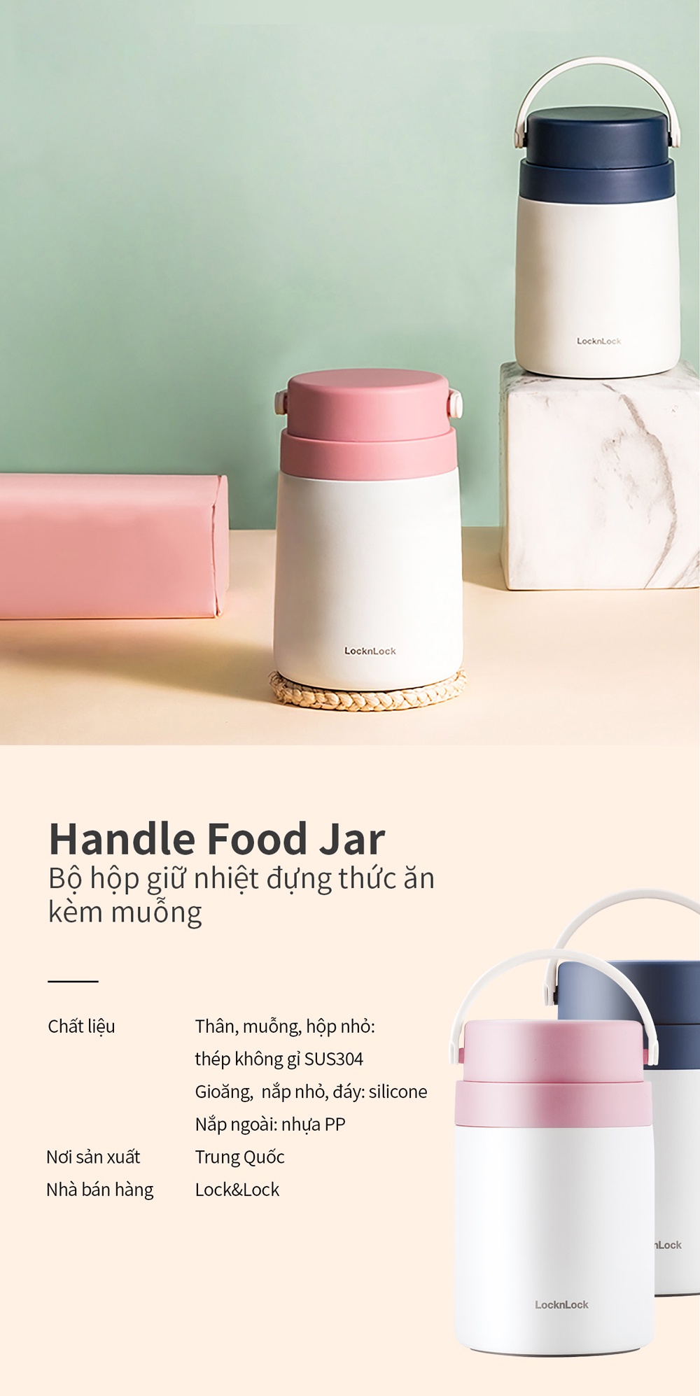 Hộp cơm giữ nhiệt LocknLock Handle Food Jar LHC8042 700ml 2 màu , 2 ...