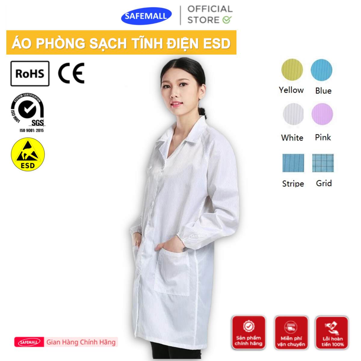 Áo Blouse phòng sạch ESD nam nữ màu trắng xanh, Áo phòng sạch chống tĩnh điện Blue - SAFEMALL ...
