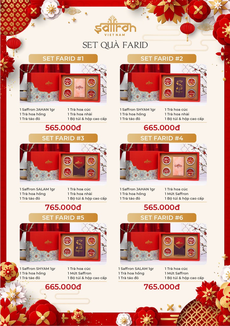Hộp quà tết 1 Saffron ,1 đông trùng,1 táo đỏ, 1 trà hoa cúc 1 mứt sen ...