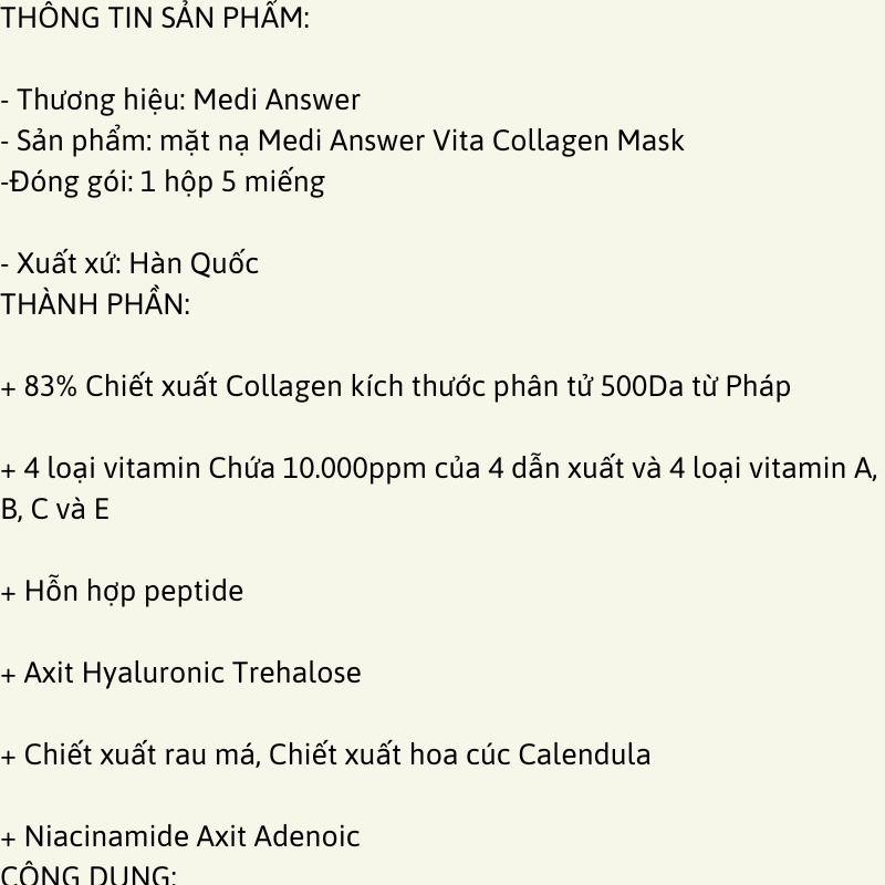 Mặt nạ thạch Collagen, Medi Answer Vita Collagen Mask 37g x 5 miếng ...