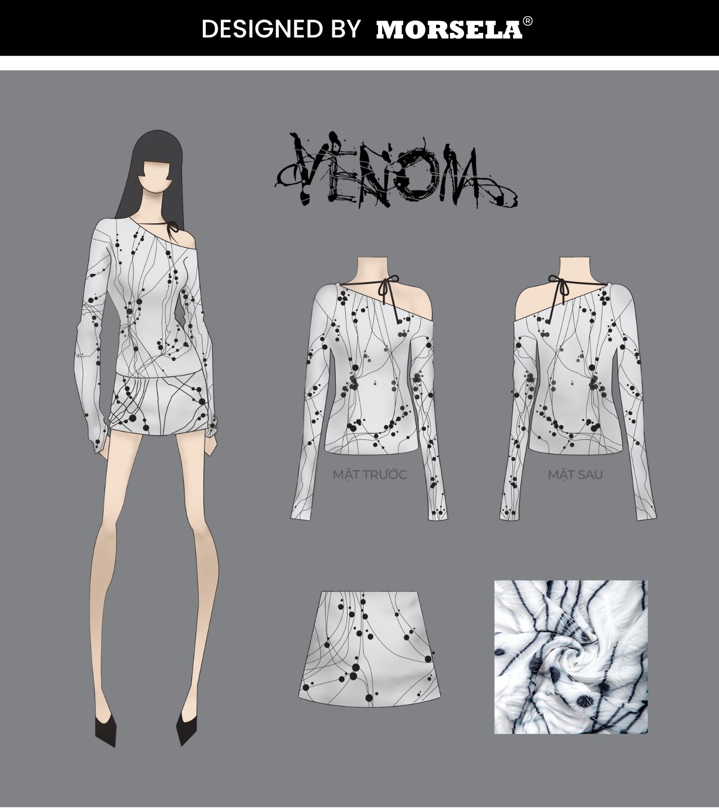 MORSELA chính hãng - Set váy kèm áo croptop nữ tay dài kiểu trễ vai VENOM họa tiết kẻ sọc phong ...