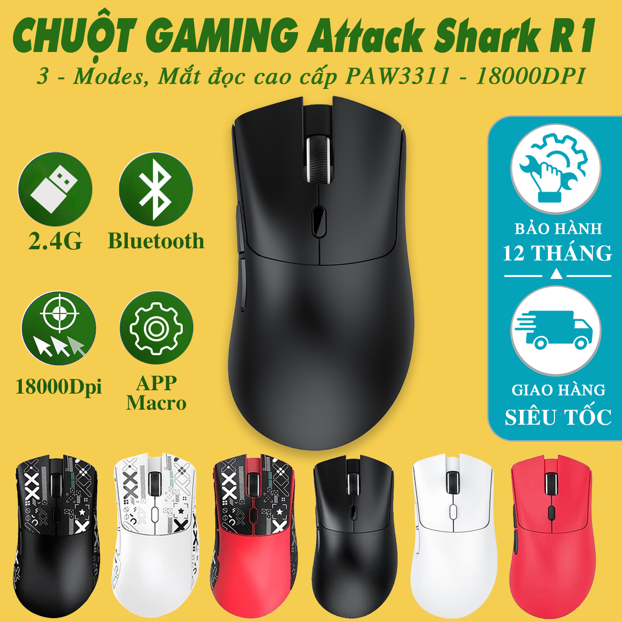 Chuột Không Dây Attack Shark R1/X11/XYH Bluetooth - Chip PAW3311, 18000DPI, 3 Mode, App Chỉnh ...