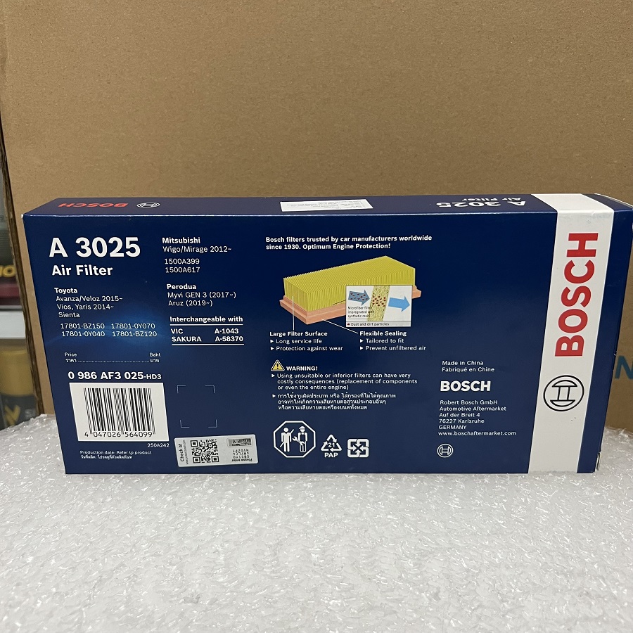 BOSCH Lọc Gió Động Cơ A3025 Cho xe Vios P15 1.5i/1.3i , Avanza 1.3/1.5 ...