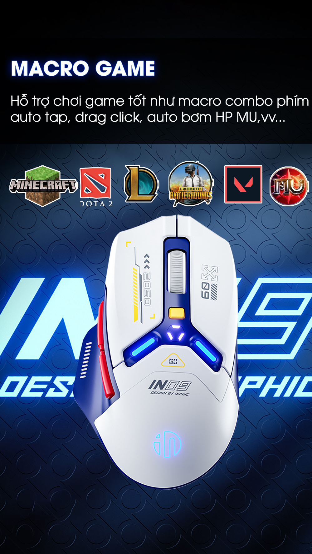Chuột không dây máy tính INPHIC IN9 gundam gaming 3 mode pin sạc wireless bluetooth chip PWA ...