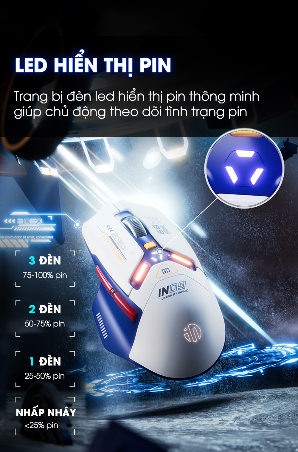 Chuột không dây máy tính INPHIC IN9 gundam gaming 3 mode pin sạc wireless bluetooth chip PWA ...